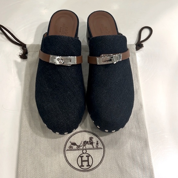 Hermes | Shoes | Hermes Carlotta Denim Kelly Lock Clogs | Poshmark